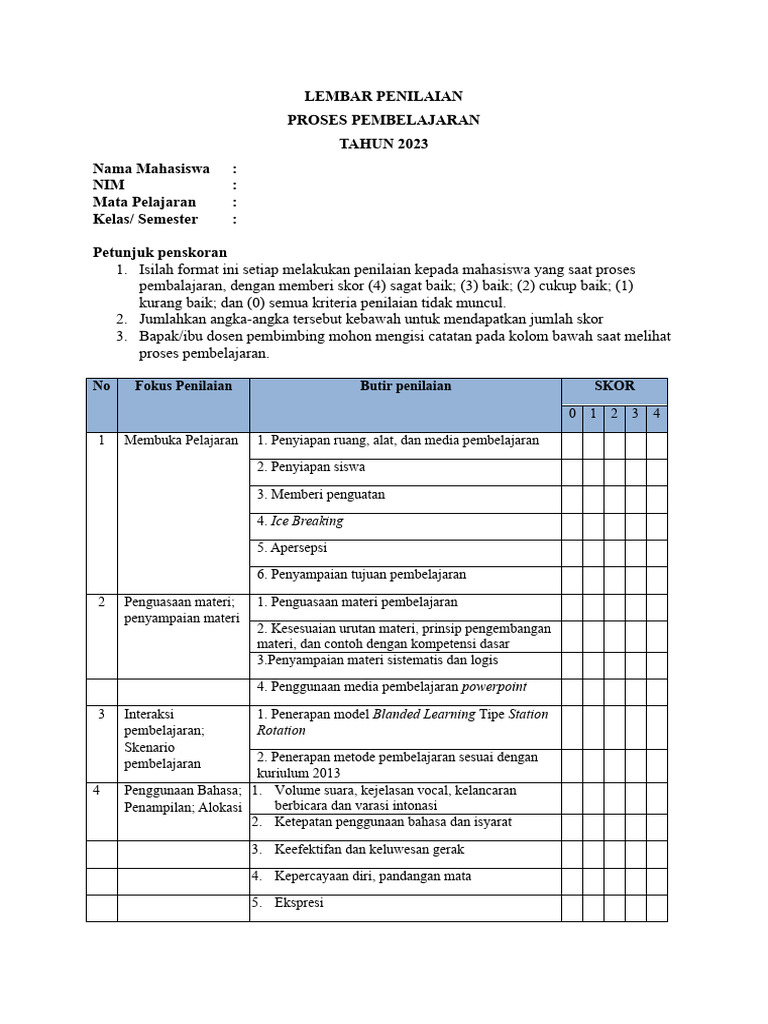 Lembar Penilaian Proses Pembelajaran | PDF