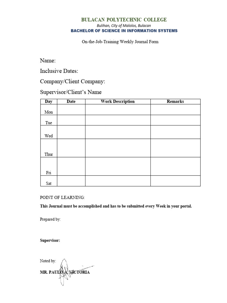 Weekly Journal Format for OJT | PDF