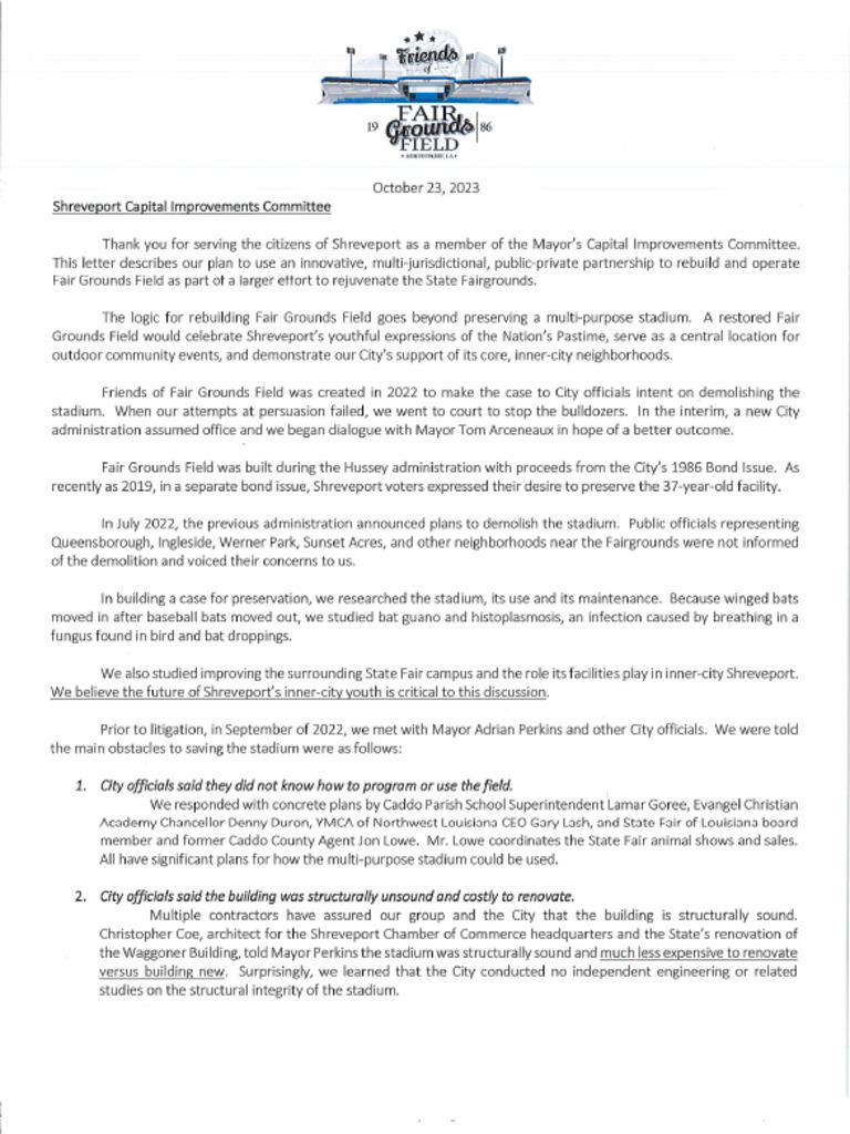 FFGF Letter to Shreveport Capital Improvements Committee | PDF