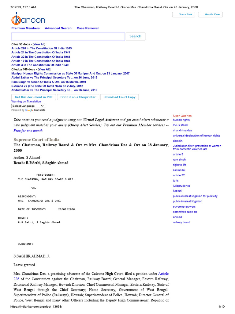 The Chairman, Railway Board & Ors Vs Mrs. Chandrima Das & Ors On 28 January, 2000 | Download ...