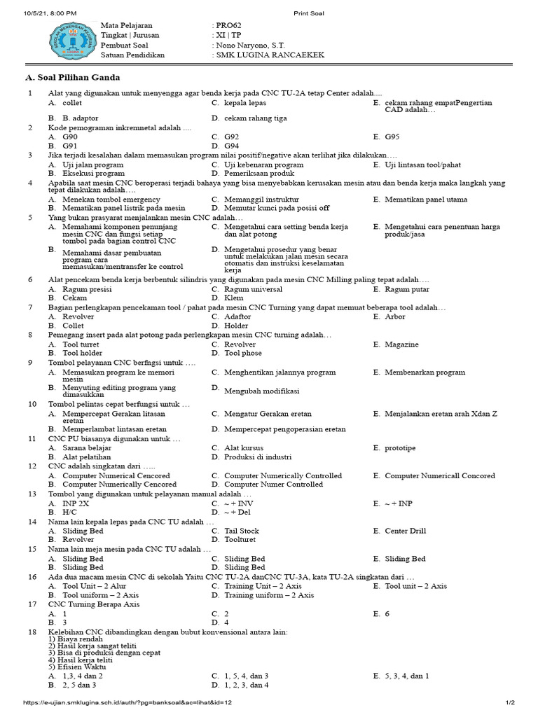 Soal PTS CNC XI TP | PDF