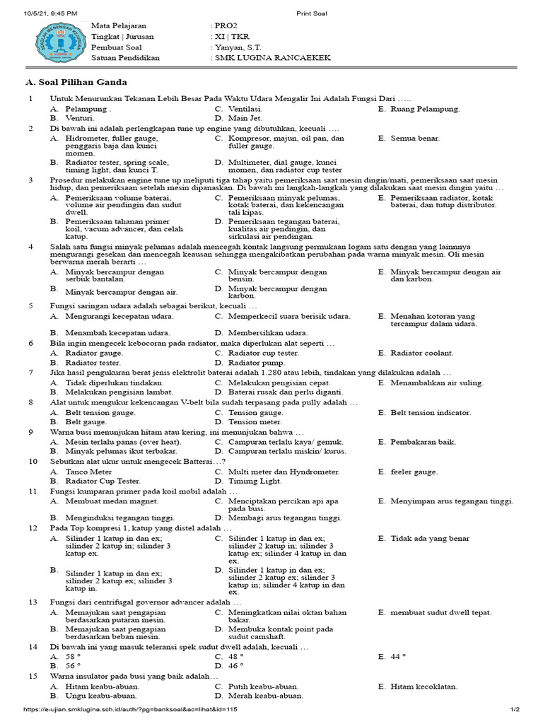 Soal PTS P.mesin XI TKR | PDF