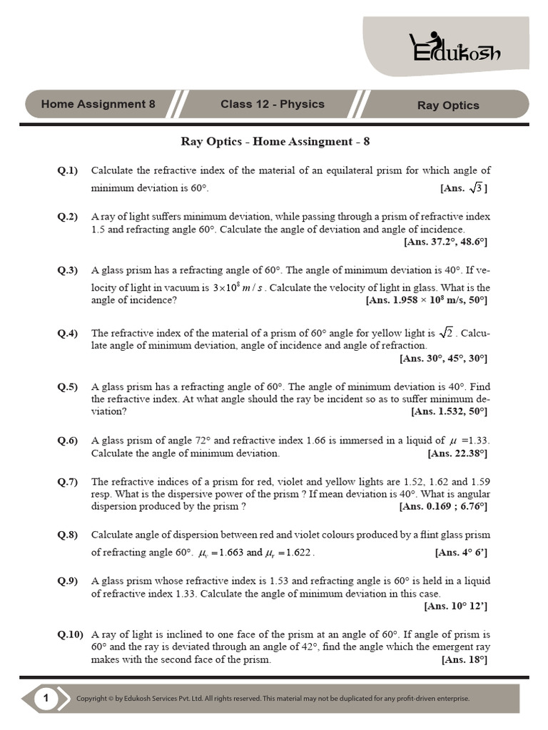CBSE - Class 12 - Physics - Ray Optics - Home Assignment - 8 | PDF