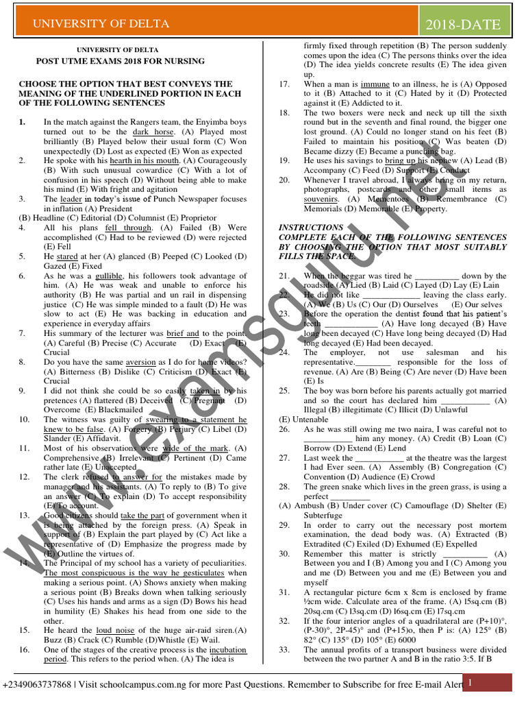 Unidel Nursing Post UTME Past Questions | PDF