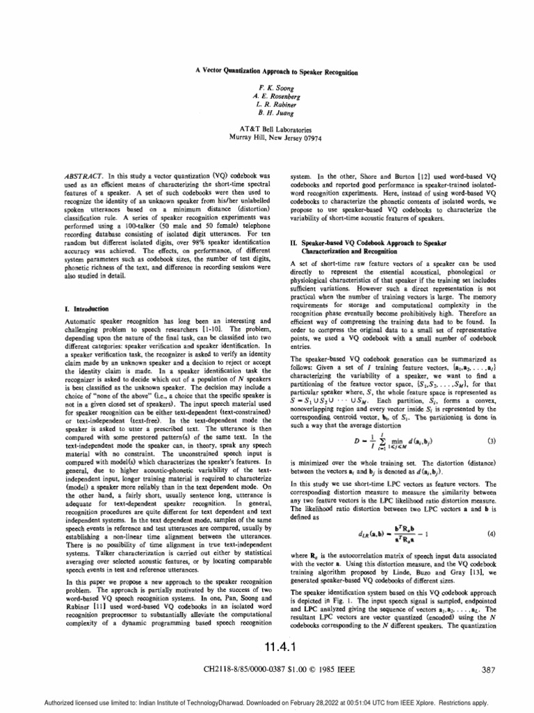 A Vector Quantization Approach To Speaker Recognition Pdf Applied Mathematics Algorithms