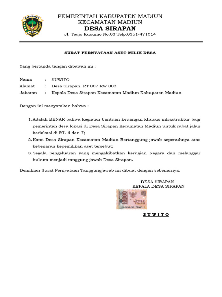 Surat Pernyataan Aset Milik Desa | PDF