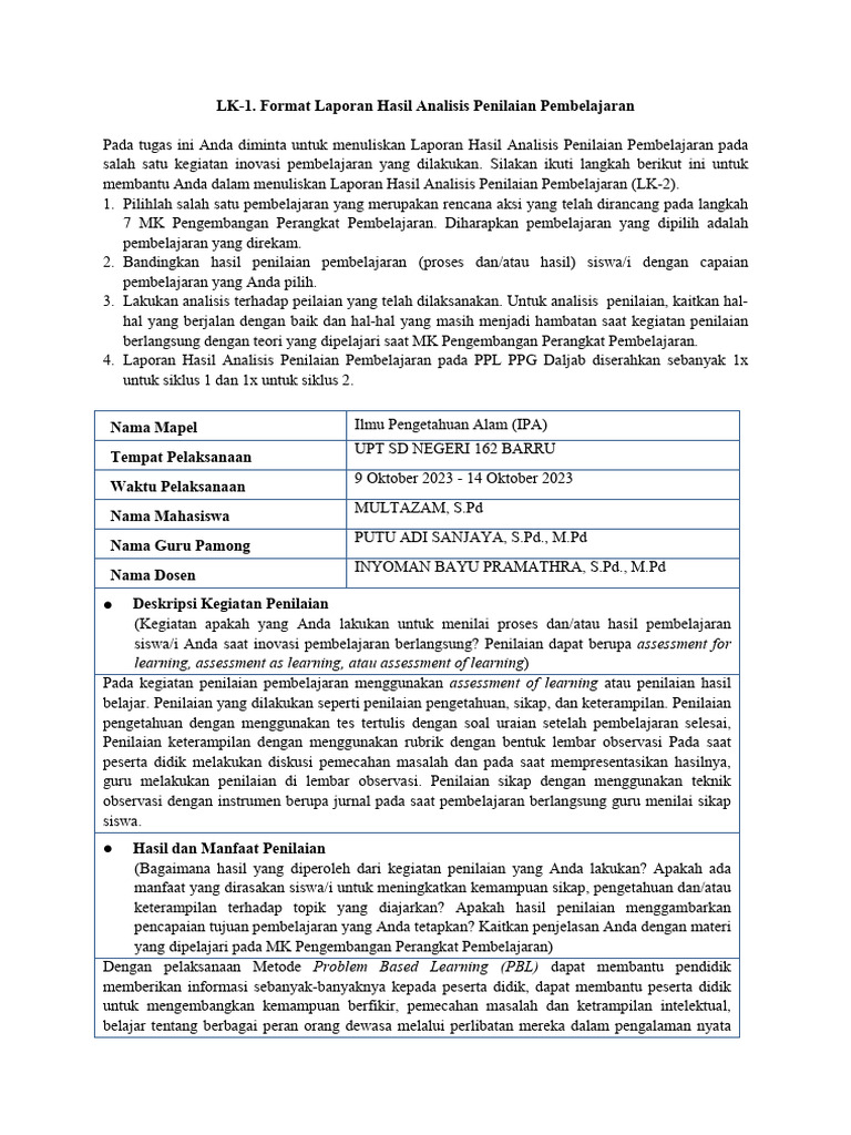 LK. 1 Format Laporan Hasil Analisis Penilaian Pembelajaran | PDF