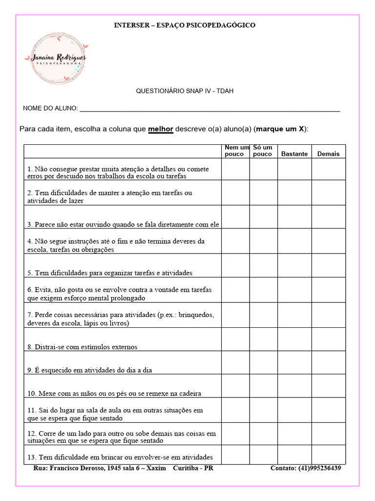 Questionario Tdah Snap IV | PDF