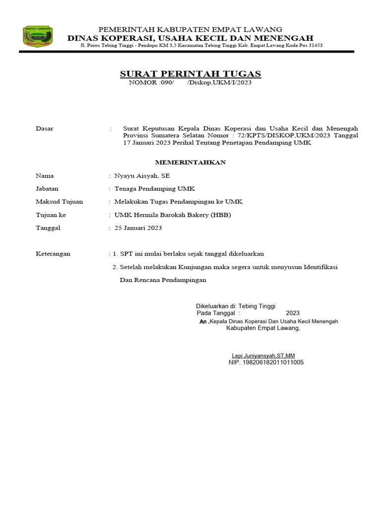 Surat Perintah Tugas: Dinas Koperasi, Usaha Kecil Dan Menengah | PDF