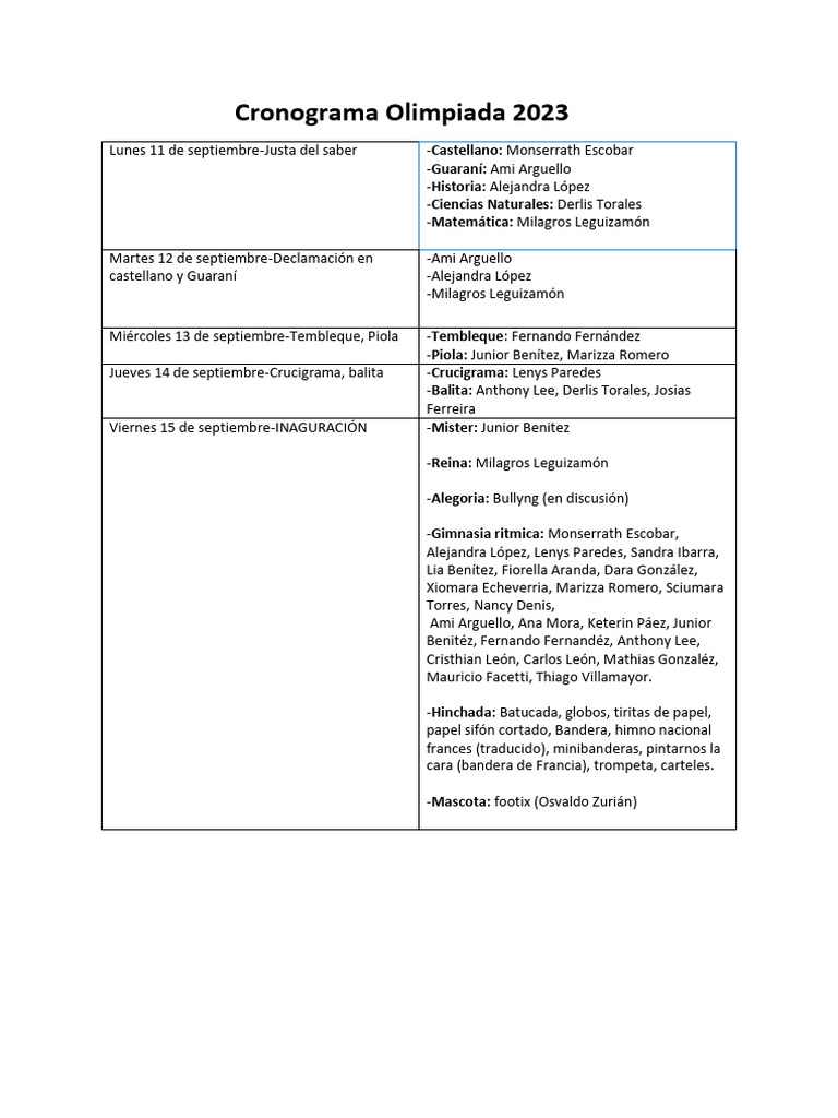 Cronograma Olimpiada 2023 | PDF