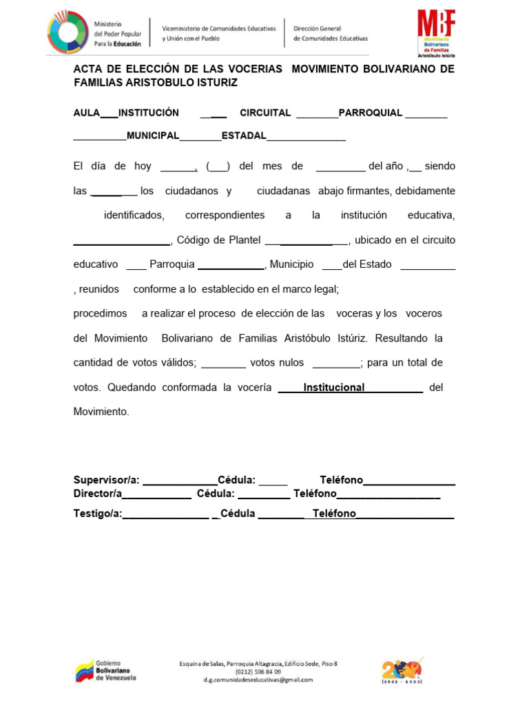 Acta de Elección de Las Vocerias Movimiento Bolivariano de Familias ...