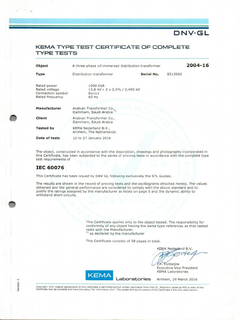 Kema Test Certificate | PDF