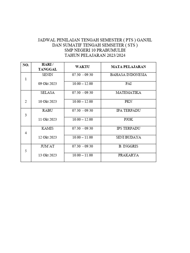 Jadwal PTS dan STS SMP 10 Prabumulih 2023 | PDF