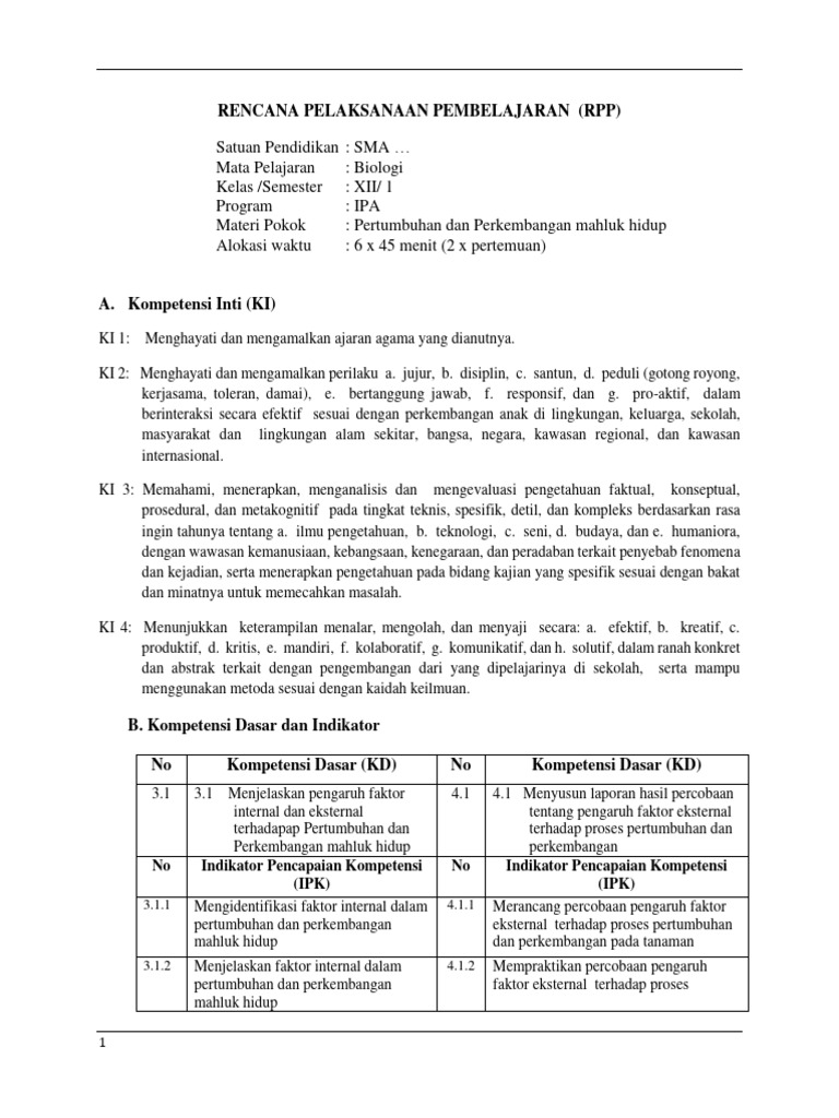 RPP Pertumbuhan Dan Perkembangan Mata Pelajaran Biologi Kelas 12 | PDF