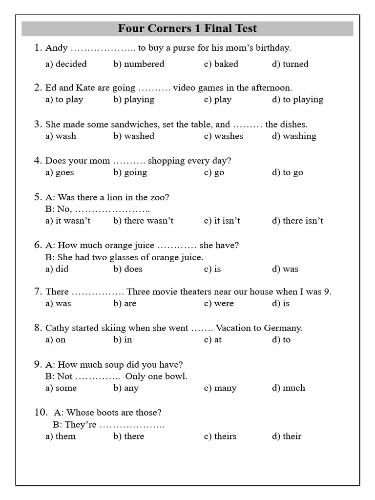 Four Corners 1 Final Exam Review | PDF