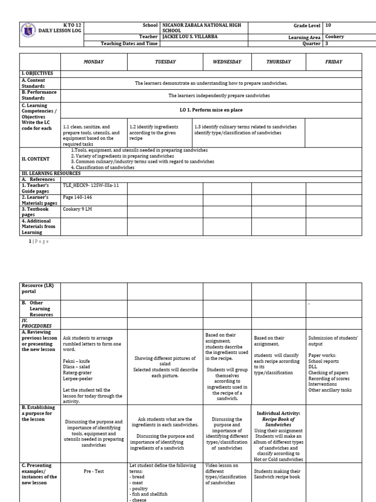 DLL Cookery 9 (Week 1) q3 | PDF | Learning | Cognition