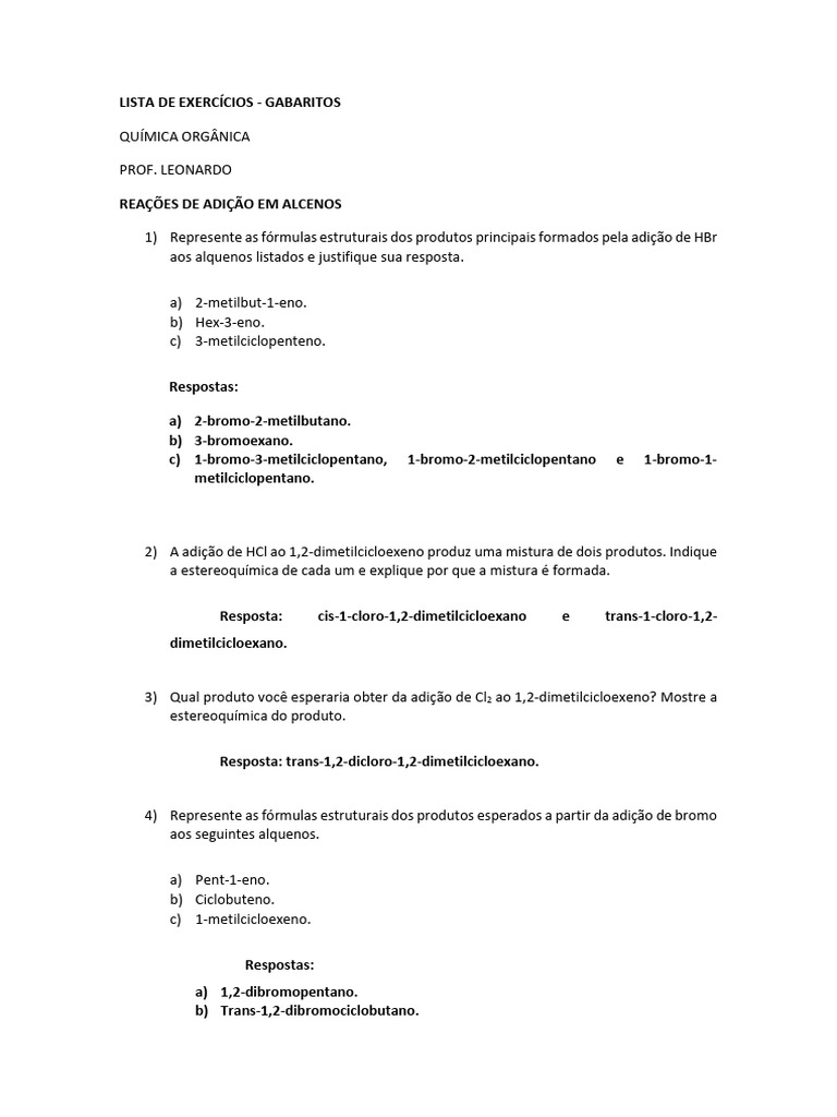 Lista de Exercícios 2 - GABARITOS | PDF | Alceno | Compostos orgânicos