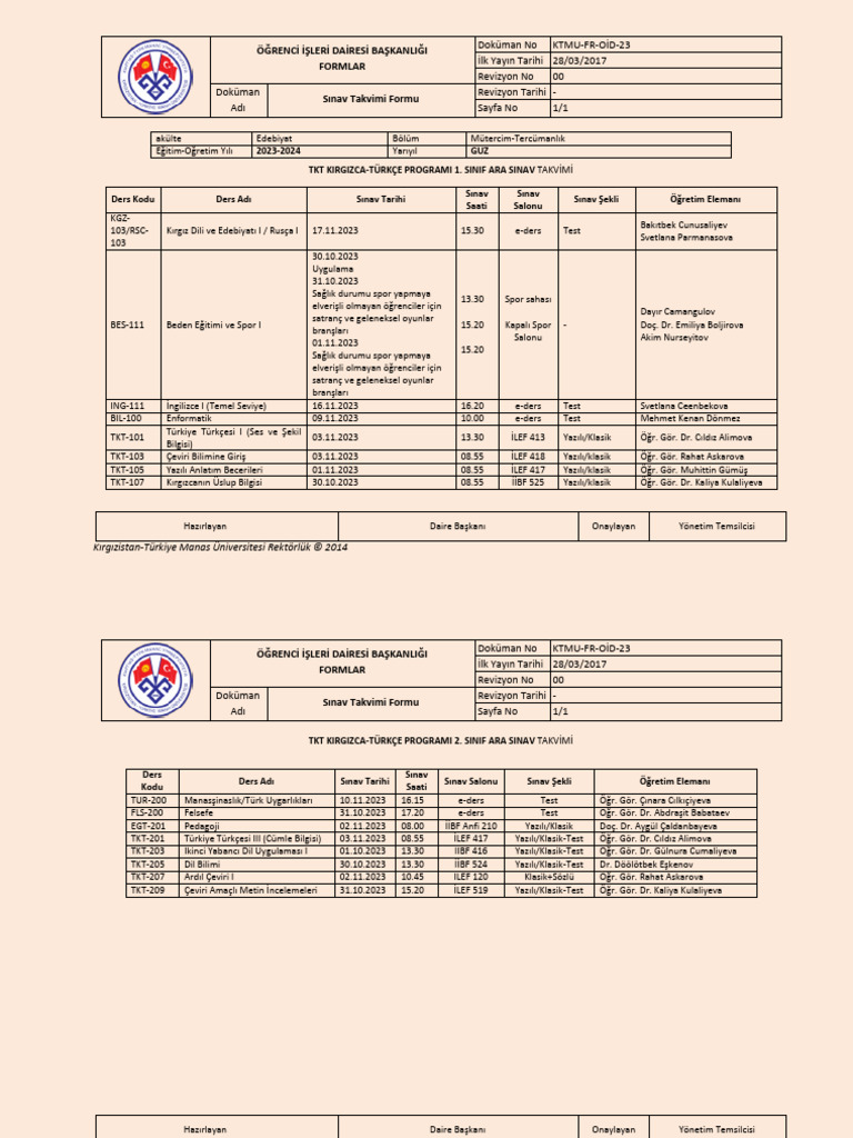 4485 - Son-Mtrb Ara Sinav takvİmİ (2023-2024 Güz) | PDF