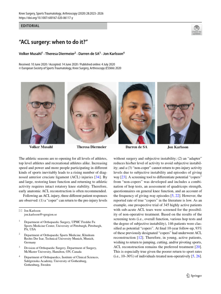"ACL Surgery: When To Do It?": Volker Musahl Theresa Diermeier Darren ...