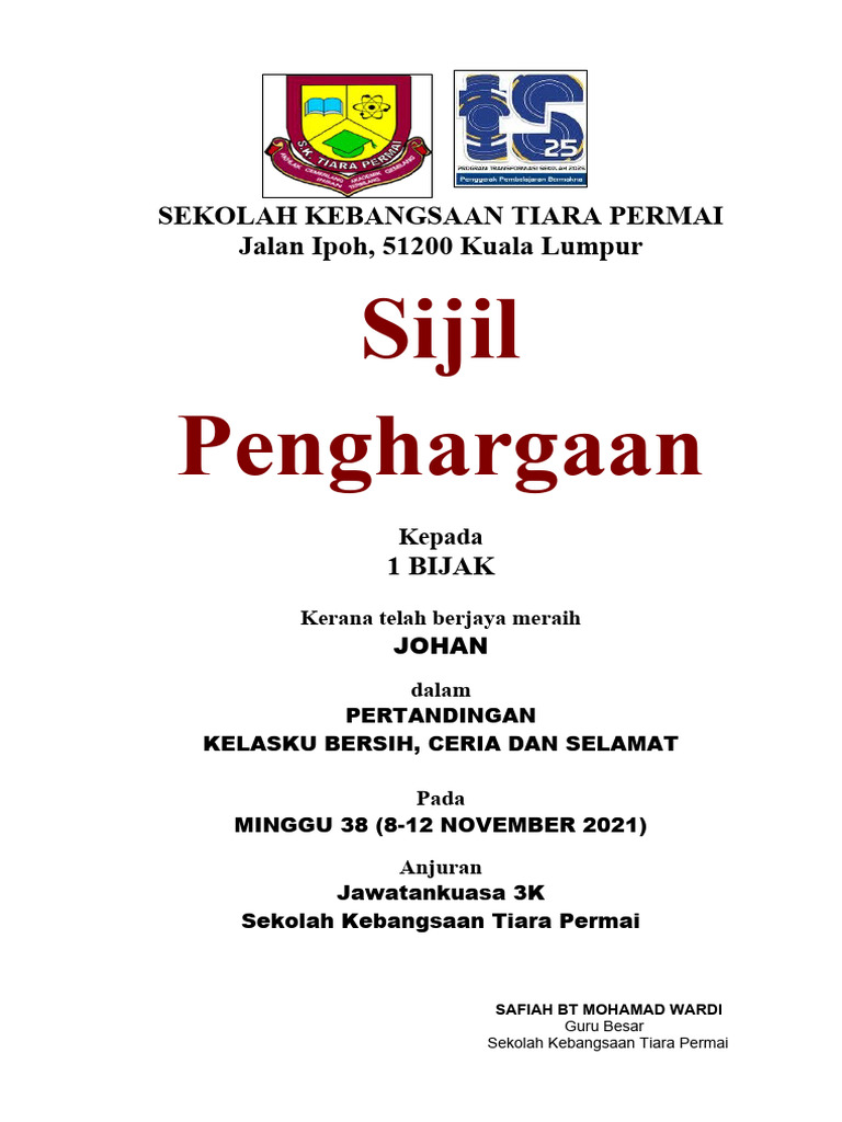 Contoh Sijil SK Tiara Permai 2020 | PDF