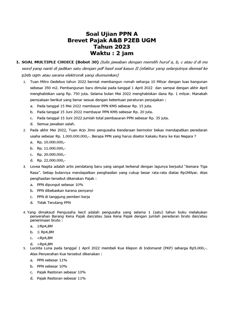 Soal Ujian PPN A SPT Masa PPN P2EB UGM - 2023 | PDF