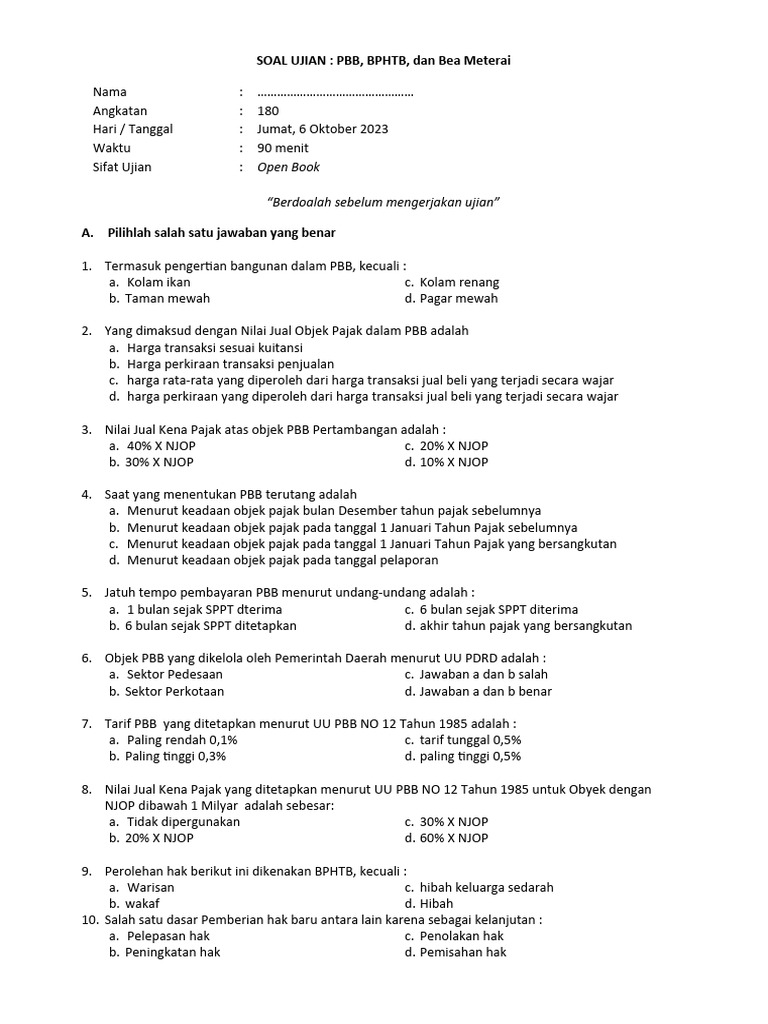 SOAL UJIAN PBB BM BPHTB 2023-Akt 180 | PDF | Pengelolaan Keuangan & Uang | Ilmu Sosial