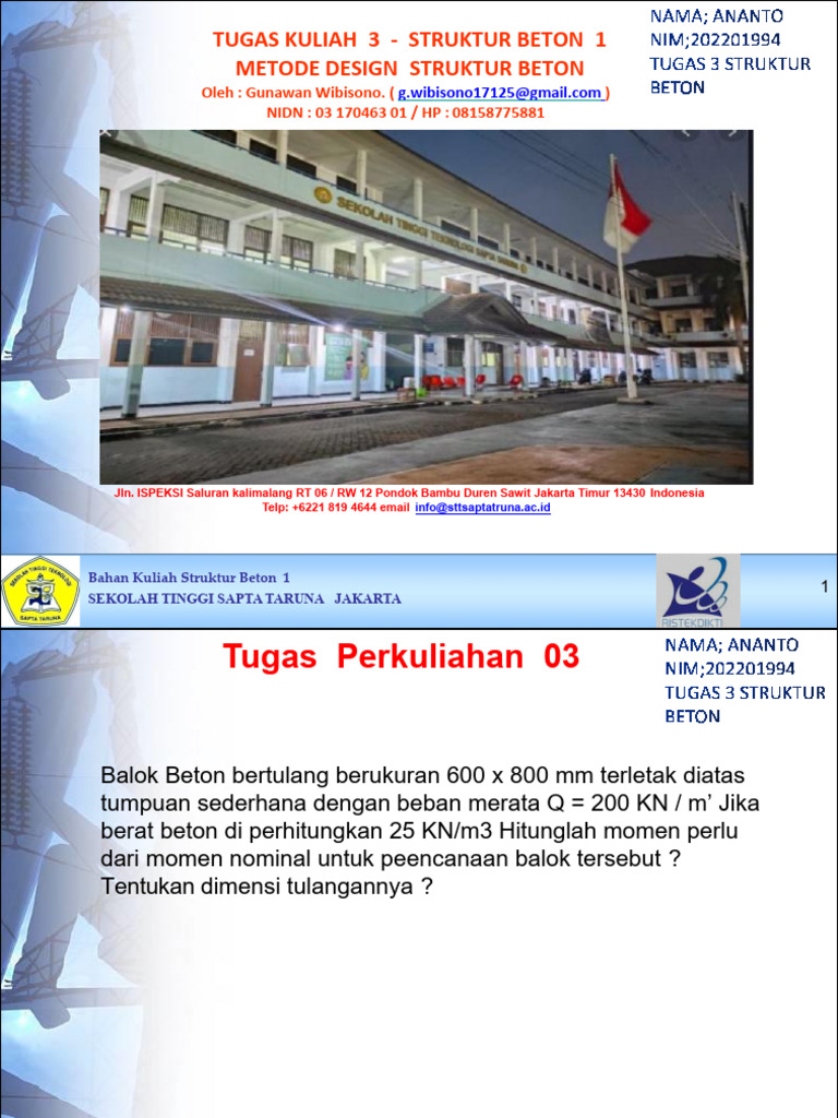 Ananto-202201994-Tugas 3 Setruktur Beton 1 | PDF | Metode & Bahan Ajar | Teknologi & Rekayasa