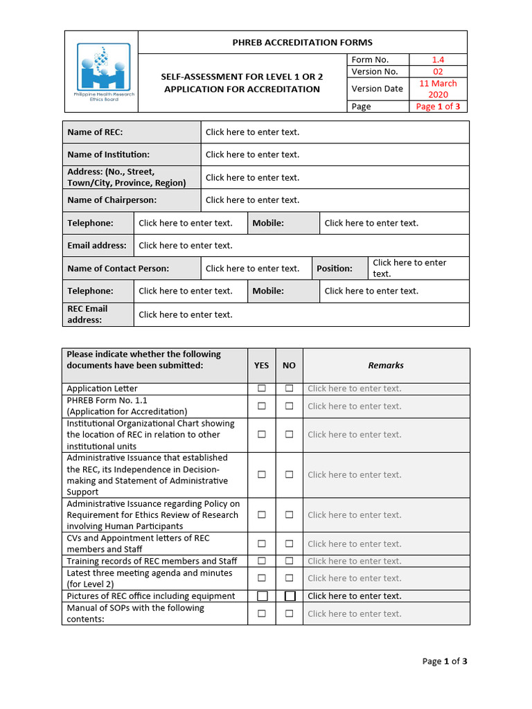PHREB Form No. 1.4 Self-Assessment Form For Level 1 or 2 | PDF
