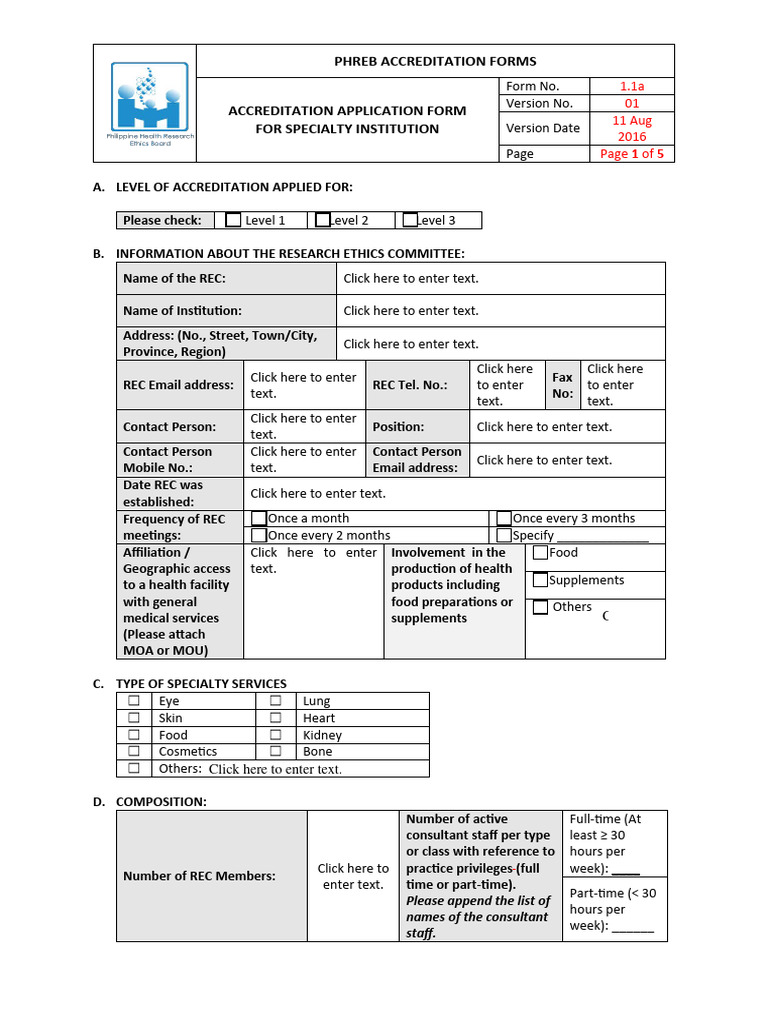 PHREB Form No. 1.1a Application For Accreditationof Specialty Clinics ...