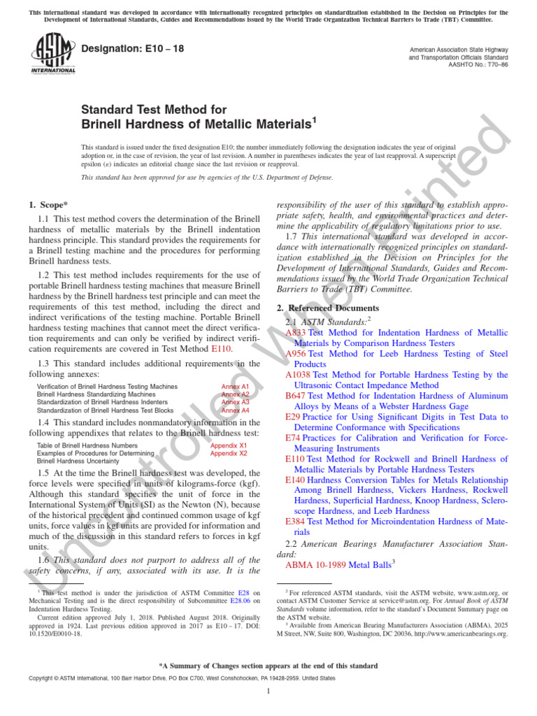 Astm E10-18 | PDF | Hardness | Mechanical Engineering