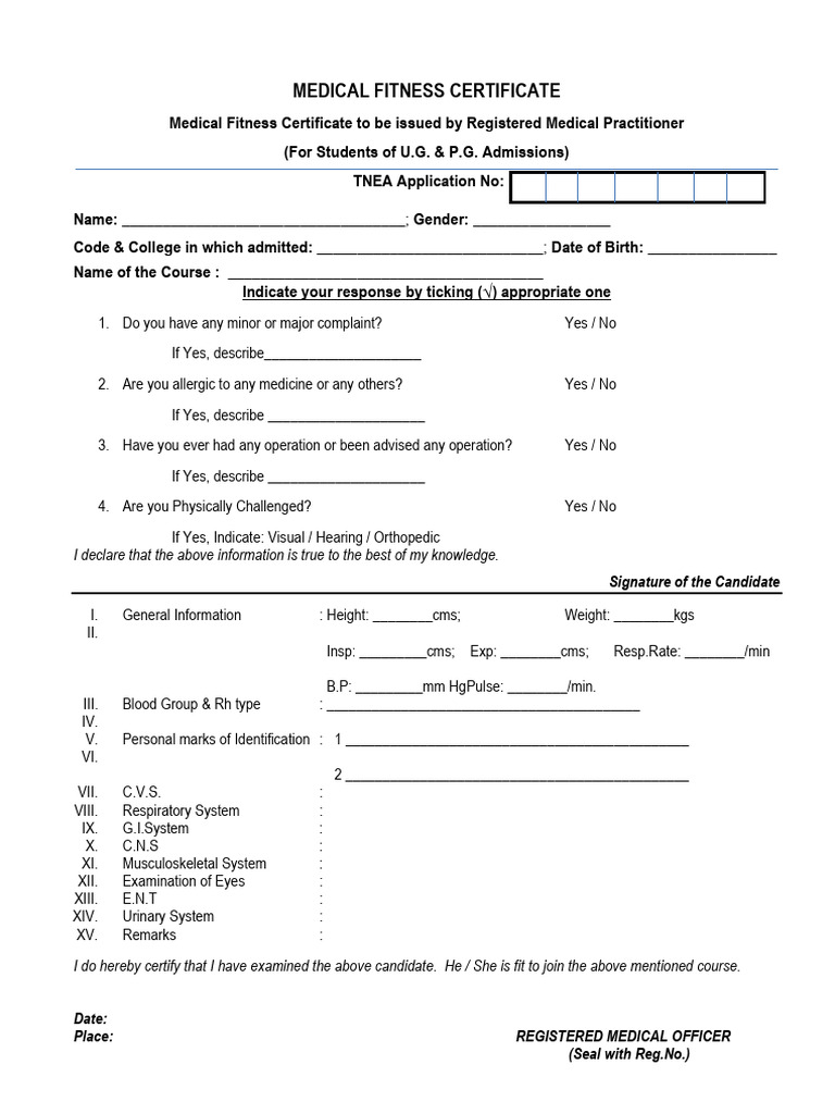 Medical Fitness Certificate Format | PDF