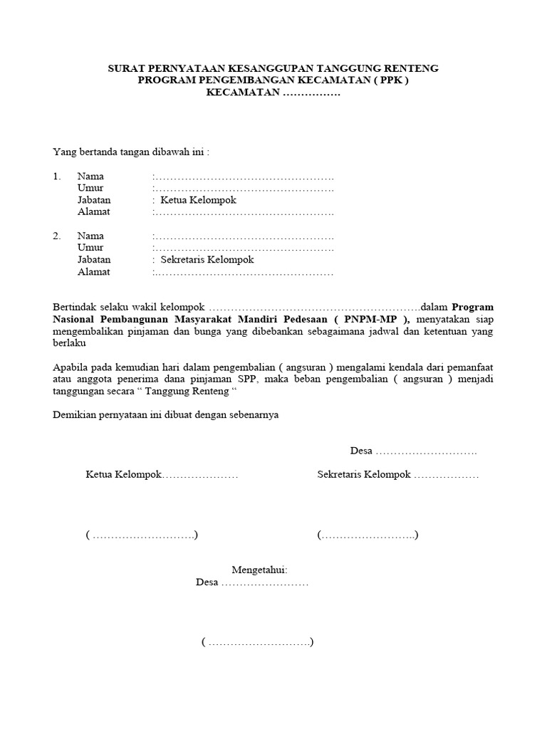 Surat Pernyataan Kesanggupan Tanggung Renteng | PDF