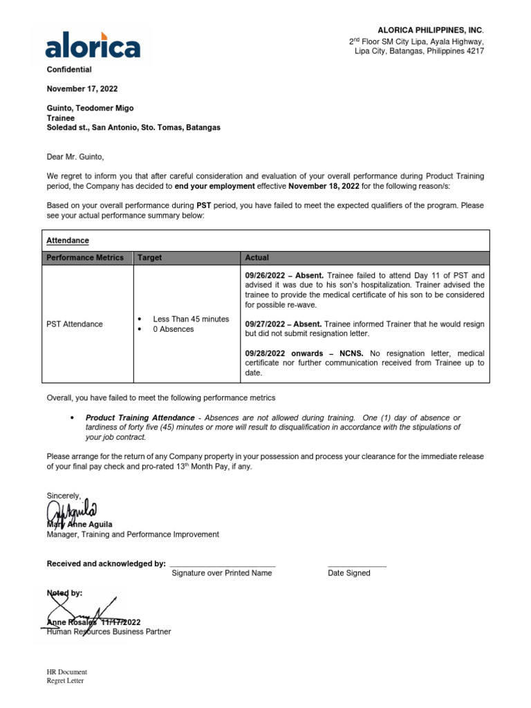 Regret Letter - Teodomer Guinto (Attendance) - PST - Lipa | PDF | Business