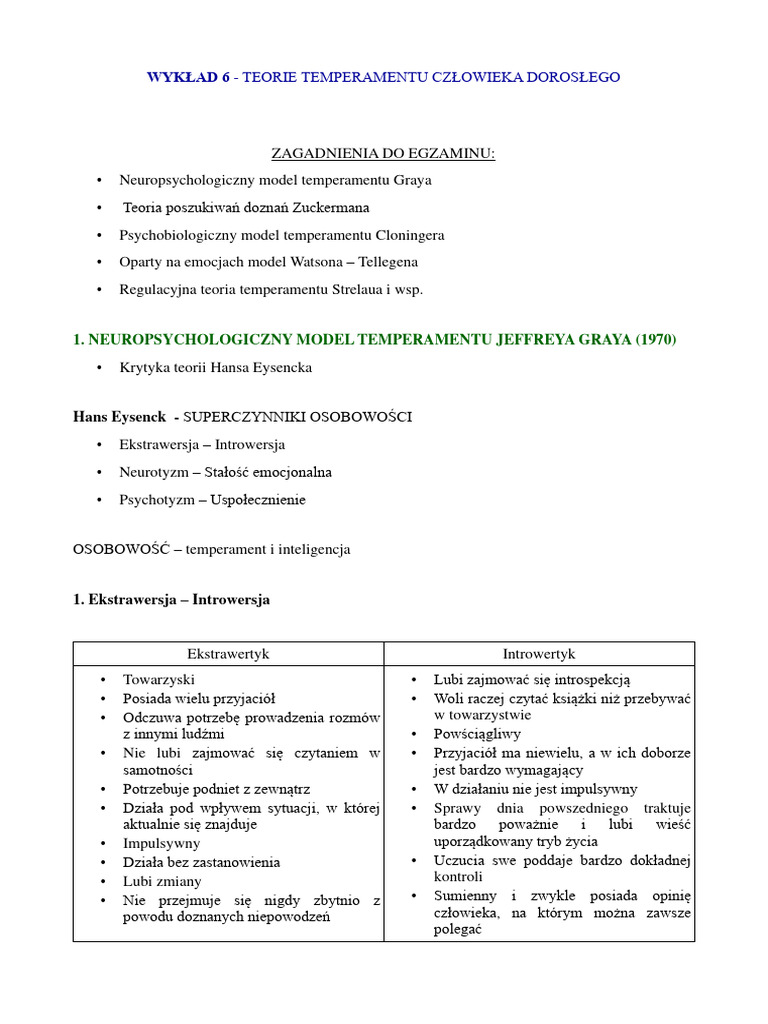Wykład 6 - Teorie Temperamentu Człowieka Dorosłego | PDF