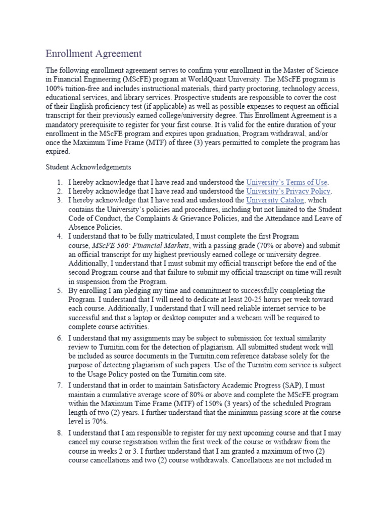 Enrollment Agreement - MSC Fin Engineering | PDF | Turnitin | Justice