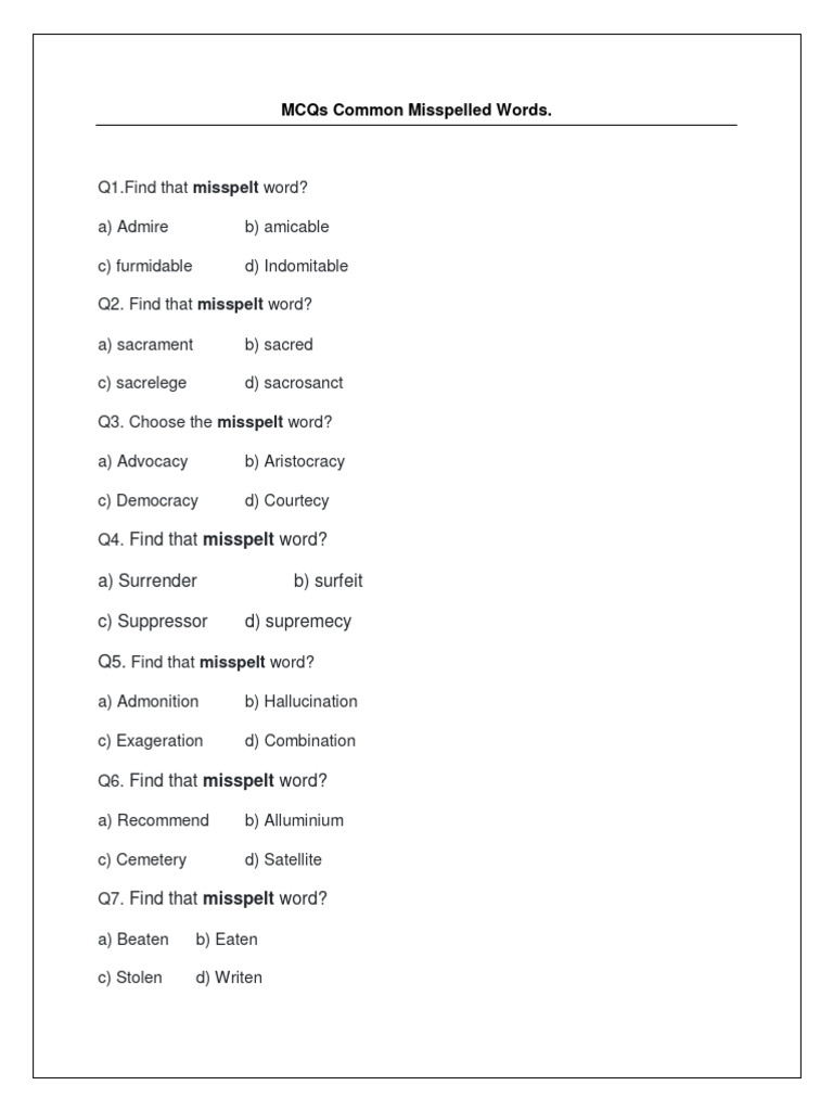 Commonly Misspelled Words MCQ Quiz | PDF