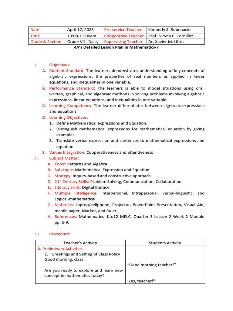 DLP 4as MATH7 | PDF | Variable (Mathematics) | Equations