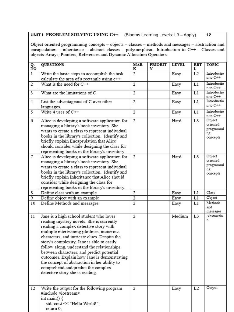 OOP Question Bank-Updated | PDF | C++ | Class (Computer Programming)