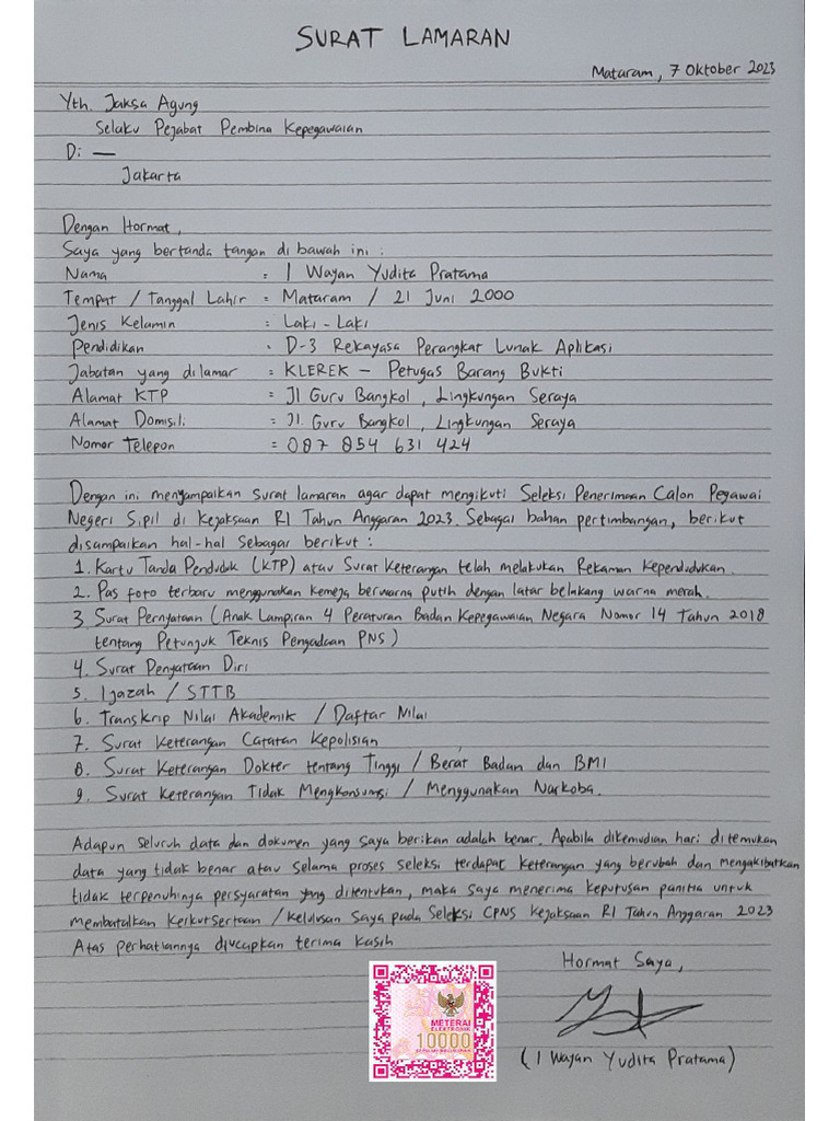 Surat Lamaran Kejaksaan Tulis Tangan | PDF Surat Lamaran Kejaksaan Tulis Tangan | PDF