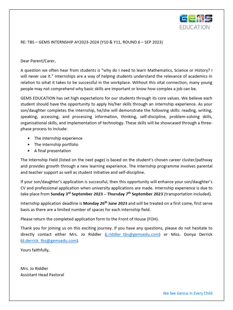 TBS - GEMS Internship AY2023-2024 (Y10 & Y11, Round 6 - Sep 2023) | PDF | Internship | Job Hunting