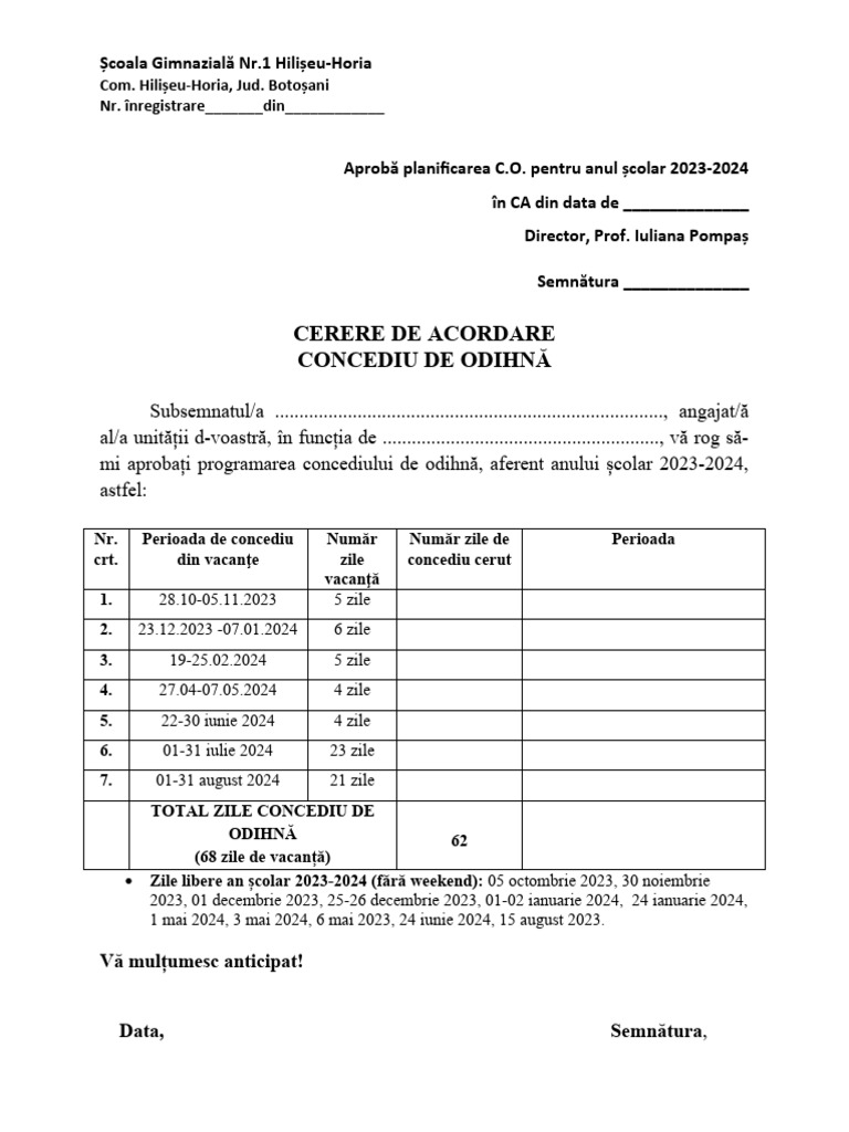 Cerere Concediu Odihna Cadre Didactice 2023-2024 | PDF
