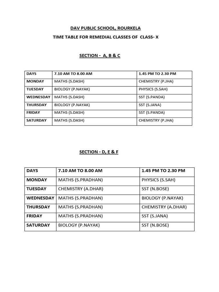 Time Table For Remedial Classes | PDF