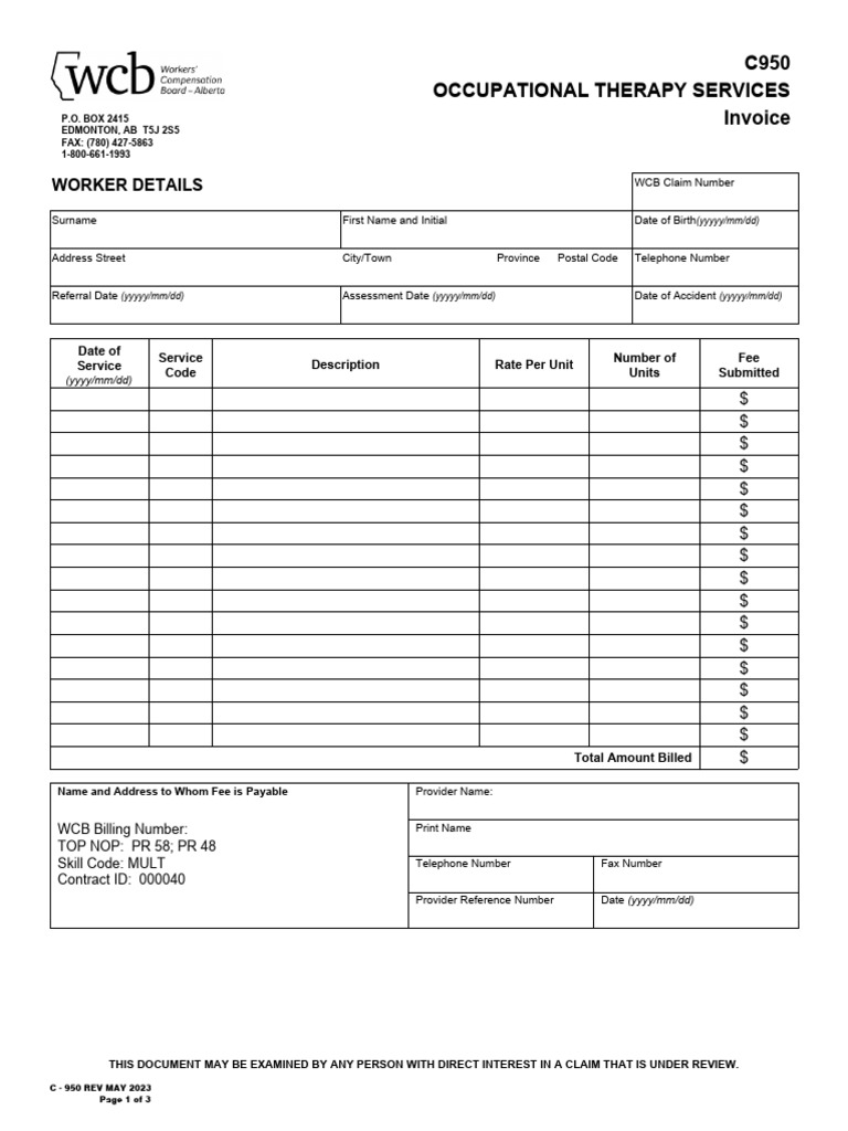 C950 Occupational Therapy Services Invoice: Worker Details | PDF