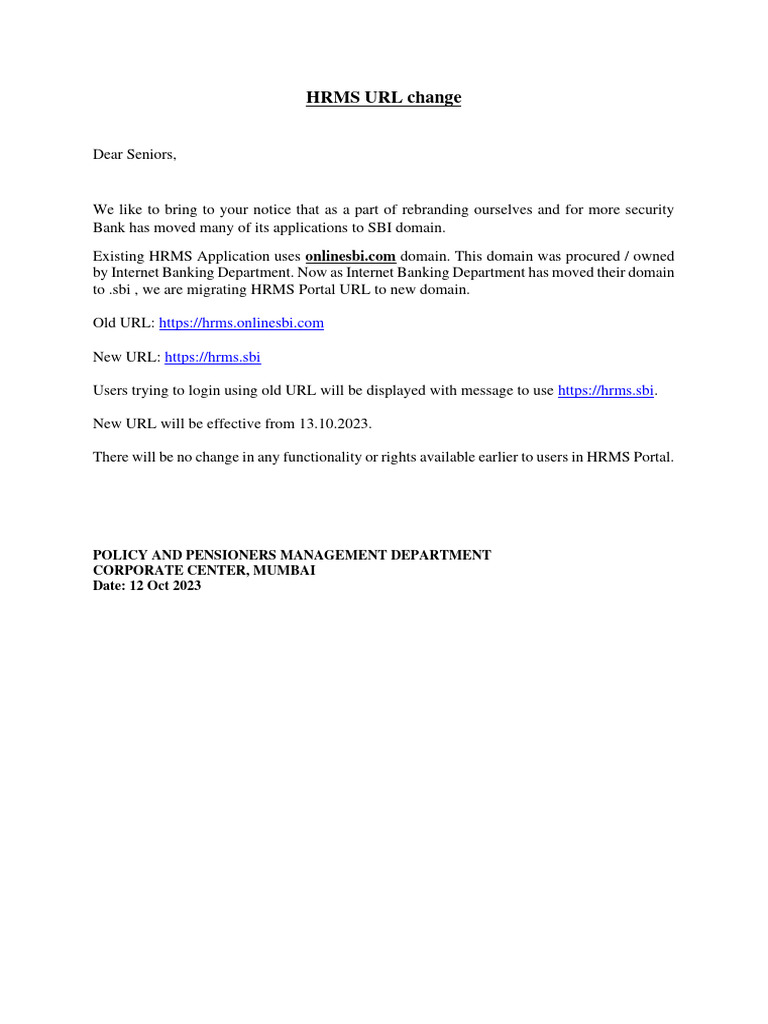 121023-Change of HRMS Portal URLv1 | PDF | Business