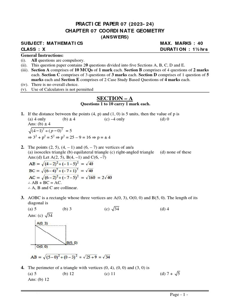 Maths Class X Chapter 07 Coordinate Geometry Practice Paper 07 Answers 1 | PDF | Euclidean Plane ...