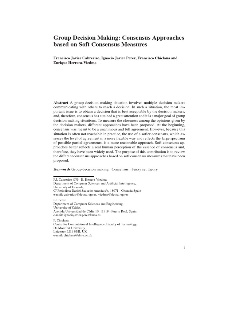 Group Decision Making Consensus Approaches Based On Soft Consensus Measures Pdf Fuzzy Logic