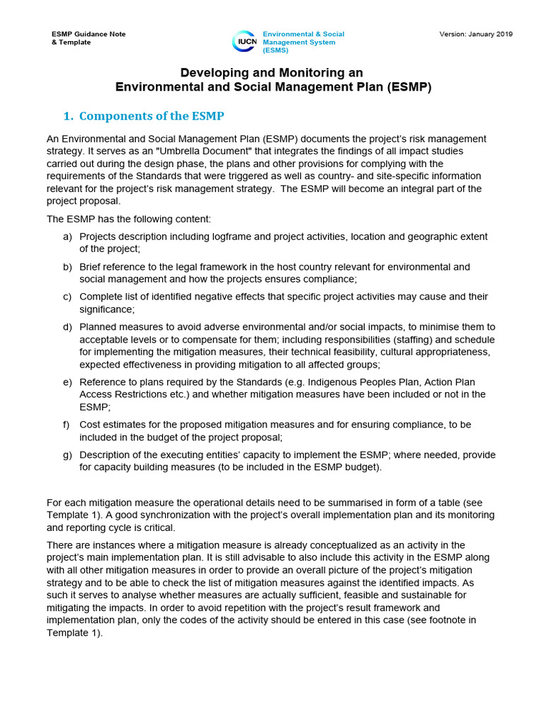 Esms Environmental and Social Management Plan Esmp Guidance and ...