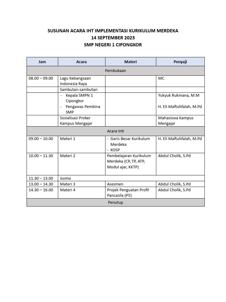 Susunan Acara Iht Implementasi Kurikulum Merdeka | PDF