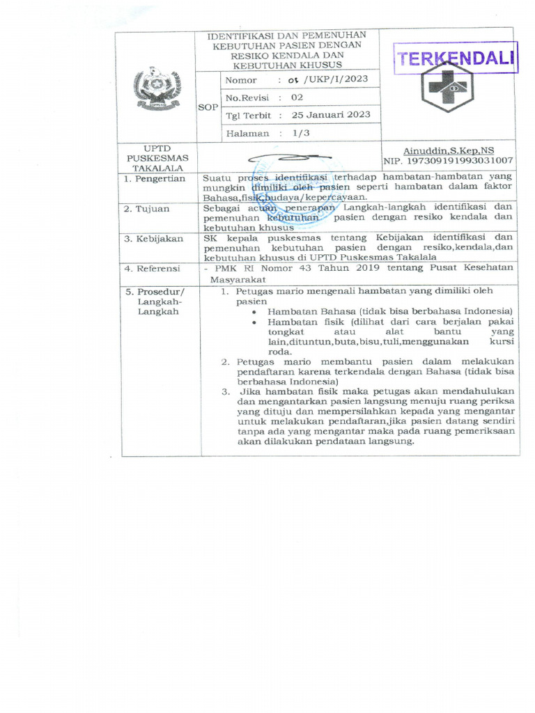 3.1.1.a SOP Identifikasi Dan Pemenuhan Kebutuhan Pasien Dengan Resiko, Kendala Dan Kebutuhan ...
