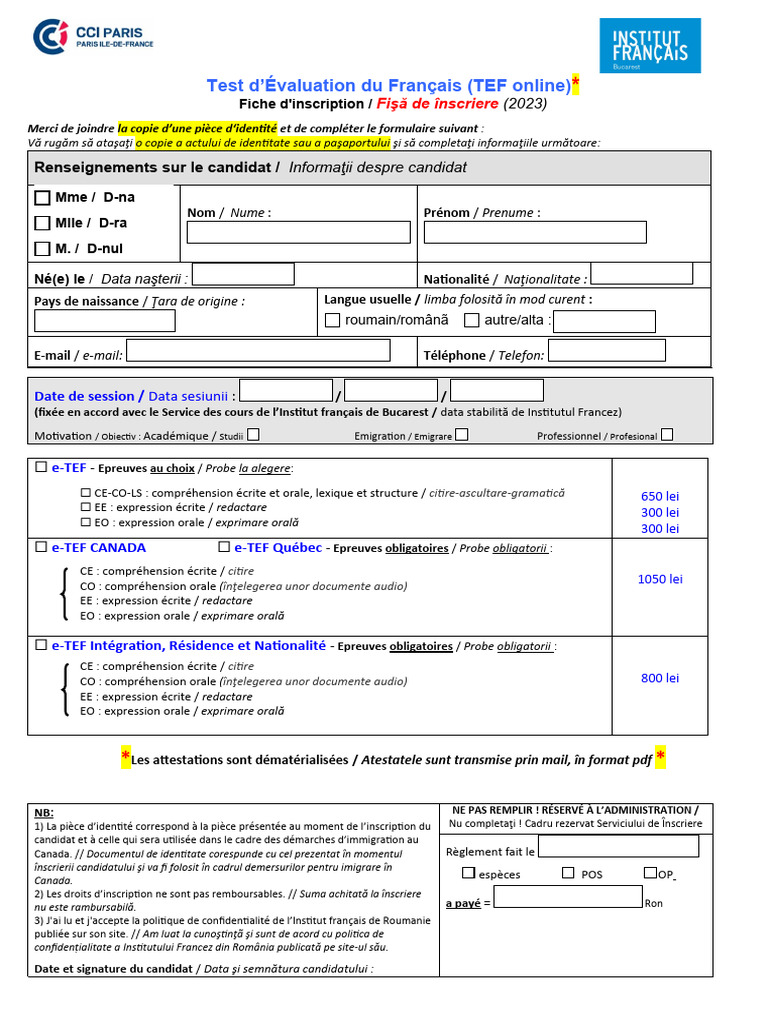 Fiche Inscription TEF 2023 | PDF